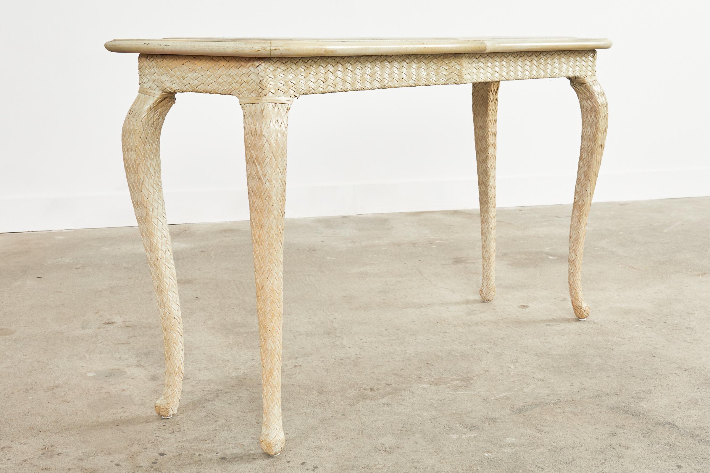 Mid-Century Woven Leather Wrapped Console Sofa Table at 1stDibs