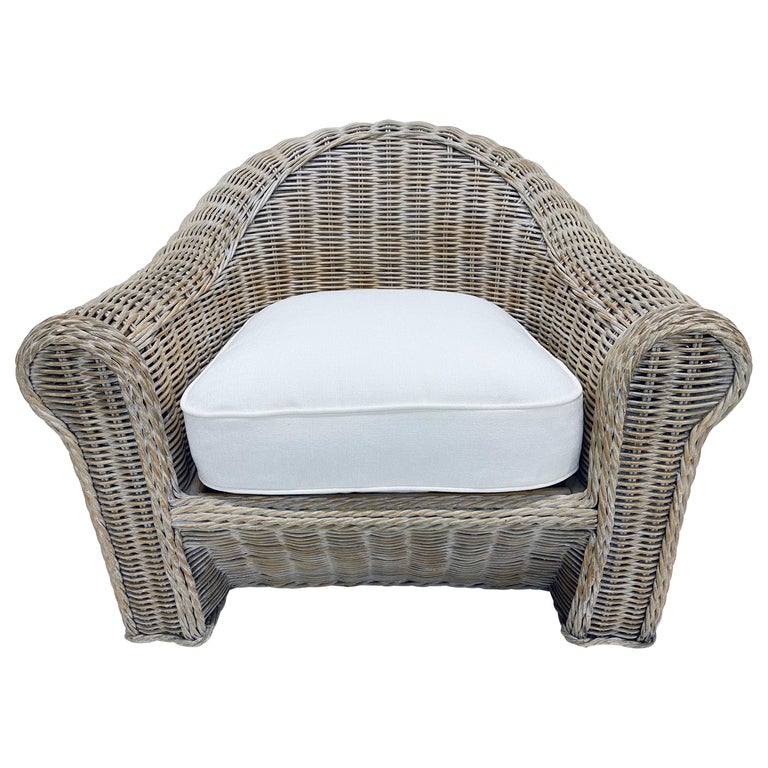 Midcentury Woven Reed Lounge Chair with New White Cotton Linen ...