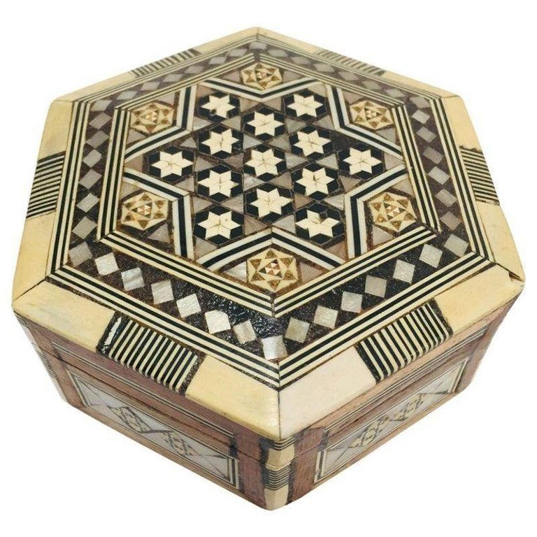 Middle Eastern Handcrafted Hexagonal Inlaid Mosaic Box For Sale at 1stDibs