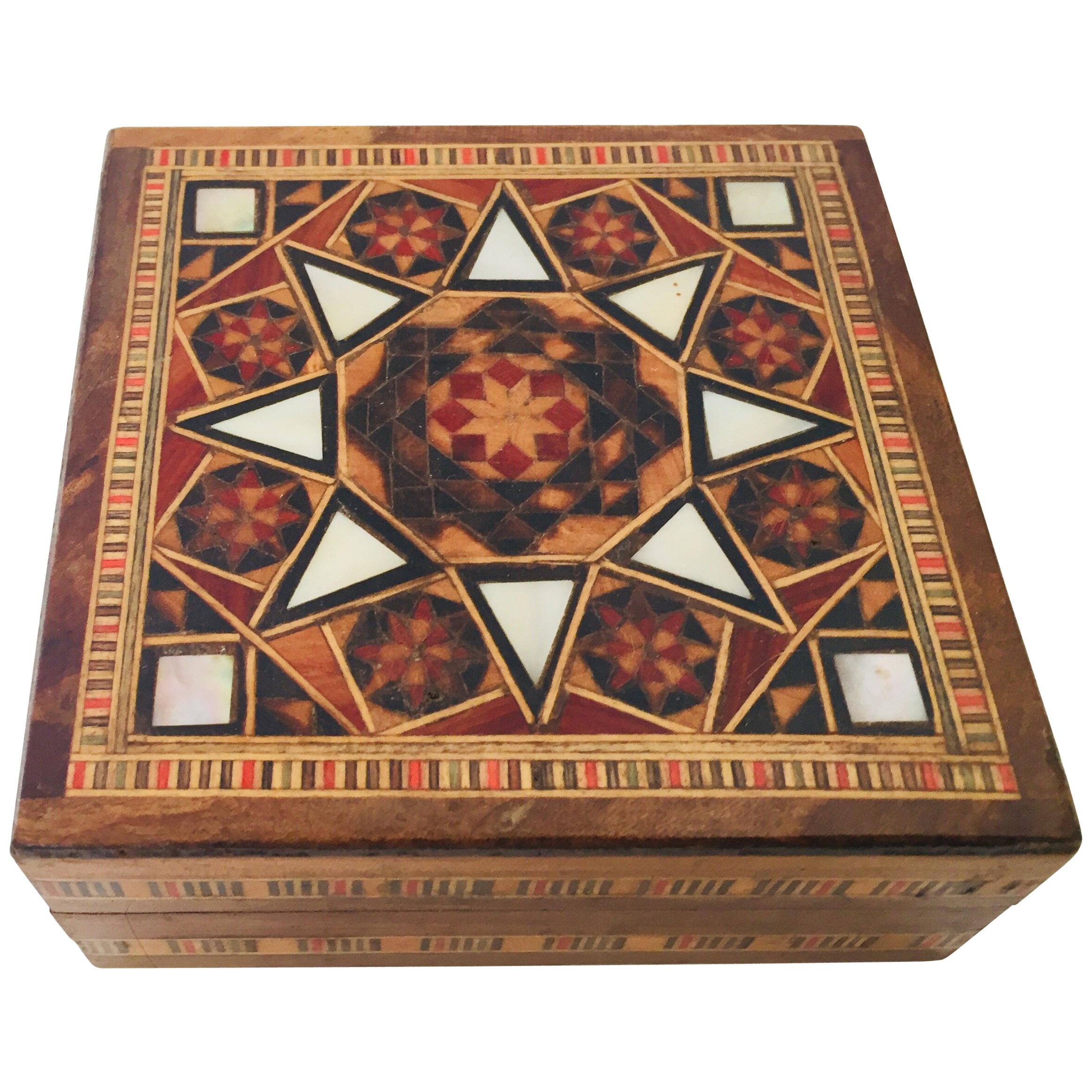 Exquisite Antique Inlaid Marquetry Exotic Wood Box with Hand-Forged Tin ...