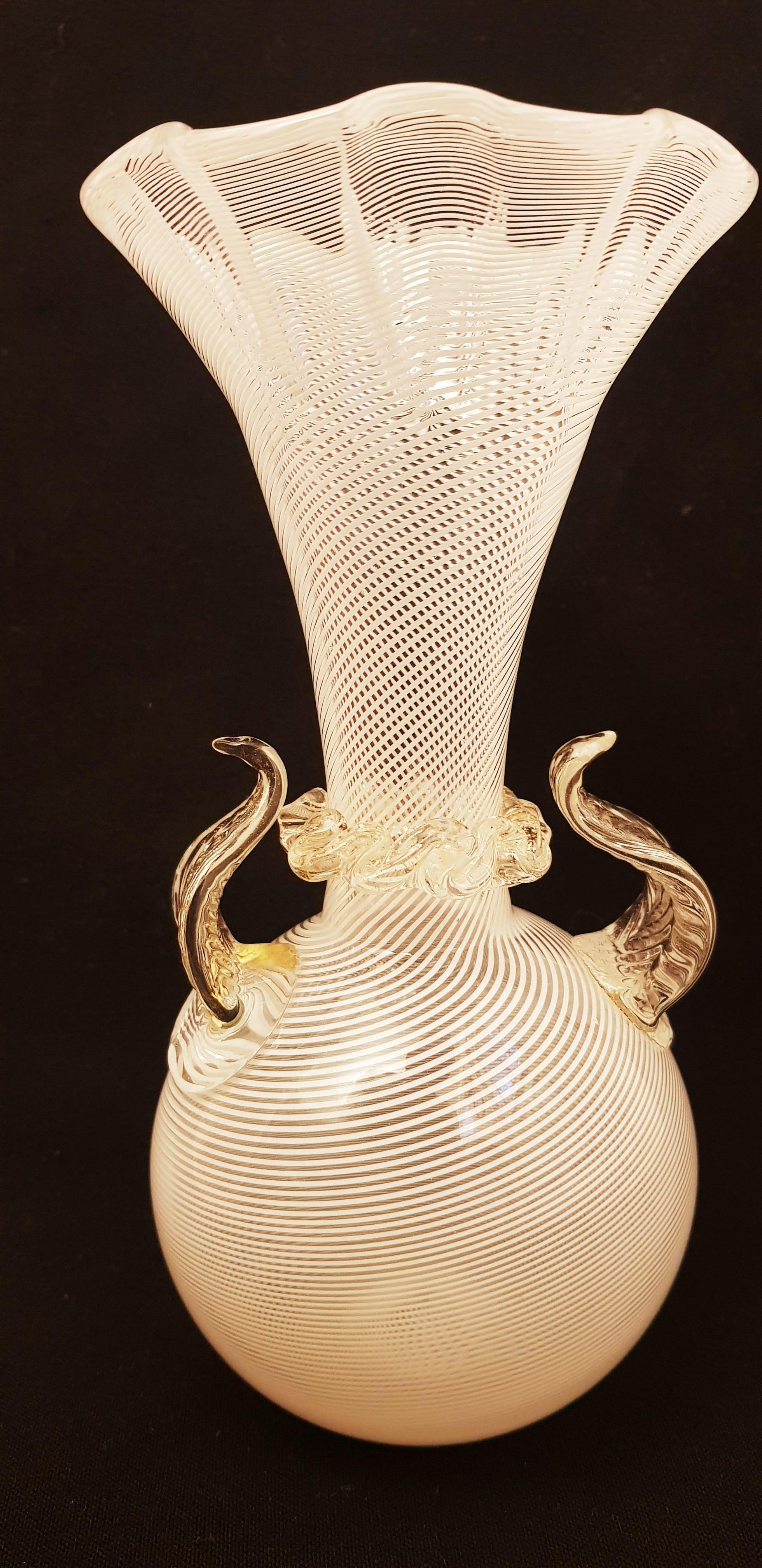 Pair of Mezza Filigrana Murano Glass Vases, circa 1950 For Sale at 1stDibs