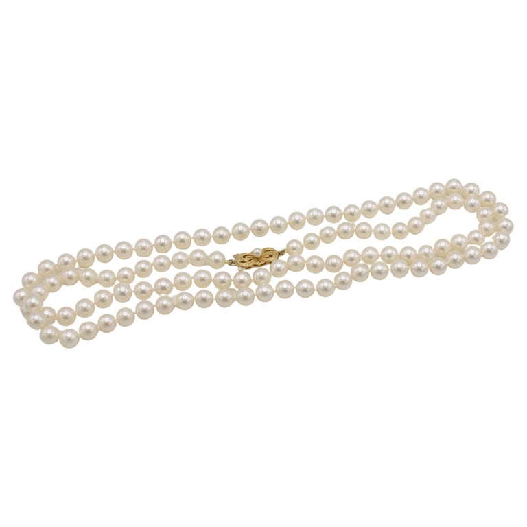 Mikimoto Akoya Cultured Pearl 18 Karat Yellow Gold Pearl Necklace For Sale at 1stDibs