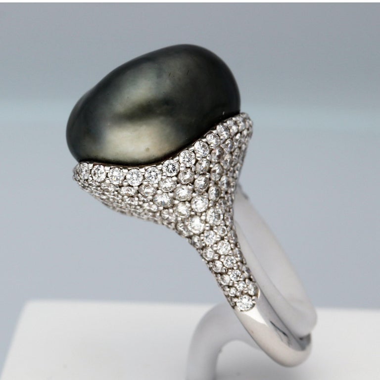 Mikimoto Baroque Black South Sea Cultured Keshi Pearl Diamonds Gold Ring For Sale at 1stDibs