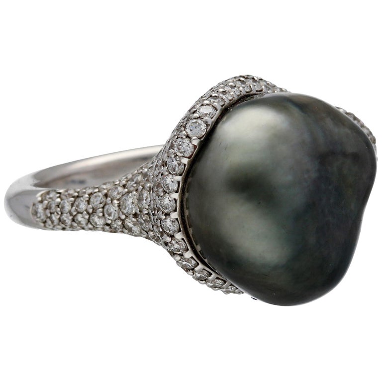 Mikimoto Baroque Black South Sea Cultured Keshi Pearl Diamonds Gold Ring For Sale at 1stDibs