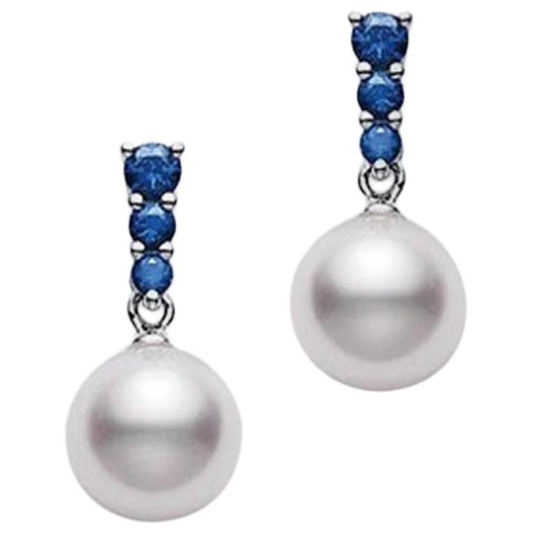 Mikimoto Cultured Pearl Earrings with Blue Sapphire in 18 Karat Gold ...