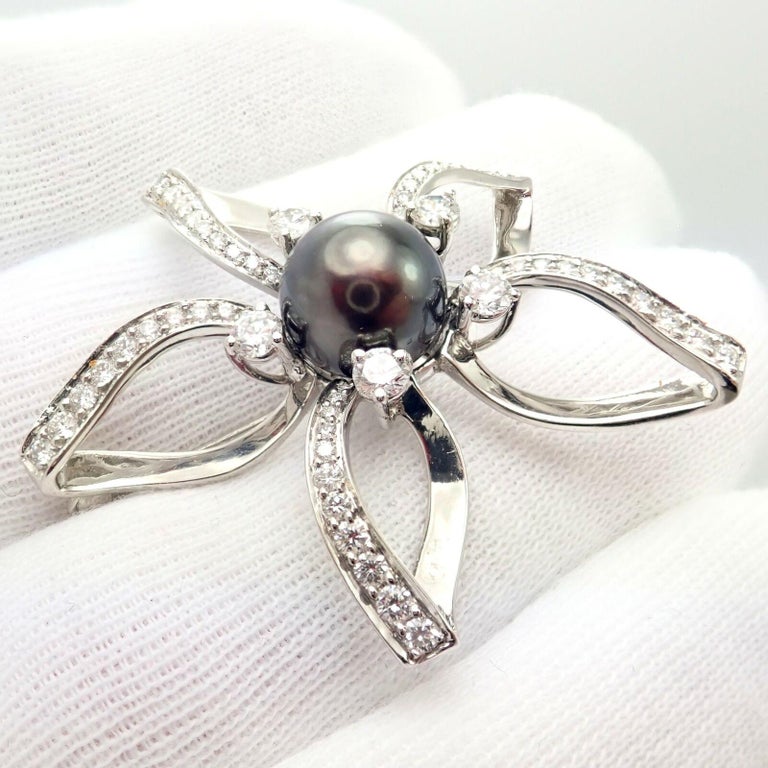 Mikimoto Diamond Large Tahitian Pearl Platinum Flower Brooch Pin For ...