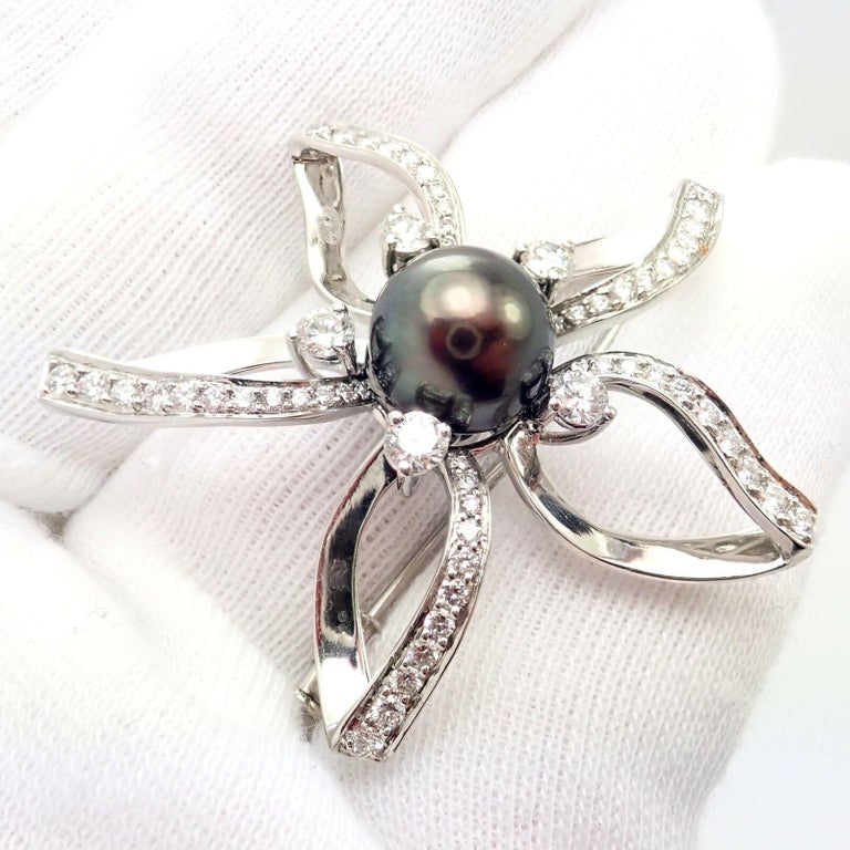 Mikimoto Diamond Large Tahitian Pearl Platinum Flower Brooch Pin For ...