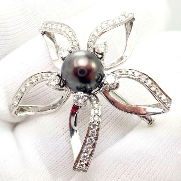 Mikimoto Diamond Large Tahitian Pearl Platinum Flower Brooch Pin For ...