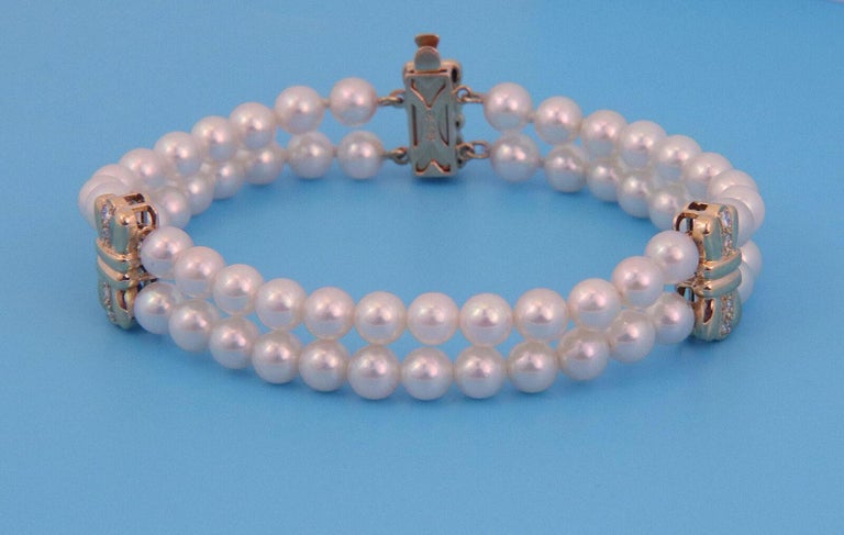 Mikimoto Diamond Pearls 18k Yellow Gold Bow Motif 2 Strand Bracelet For ...