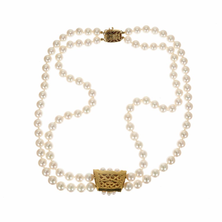 Mikimoto Double Strand Cultured Pearl Diamond Gold Necklace For Sale at ...