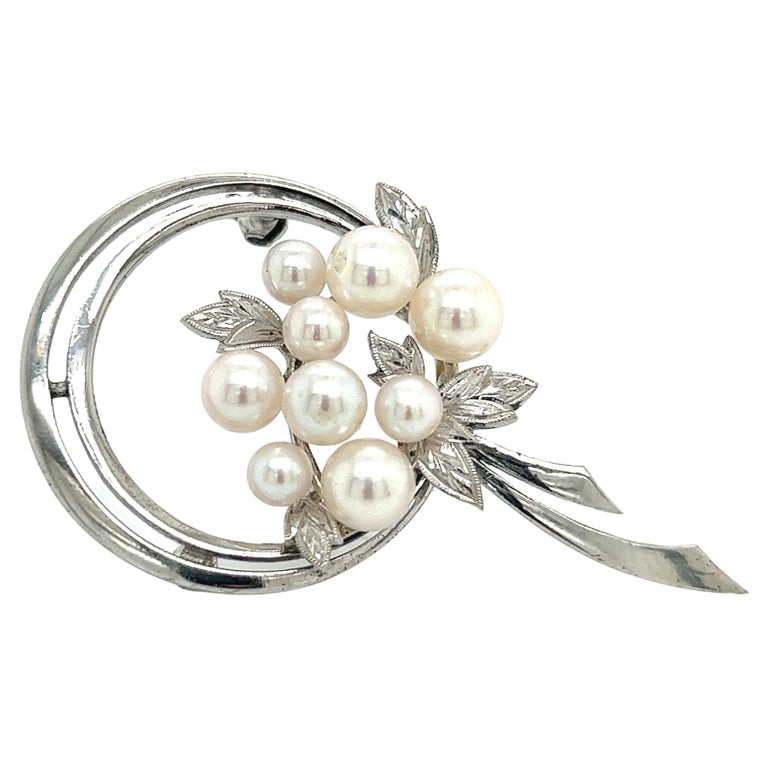 Mikimoto Estate Akoya Pearl Brooch Pin Sterling Silver For Sale at 1stDibs