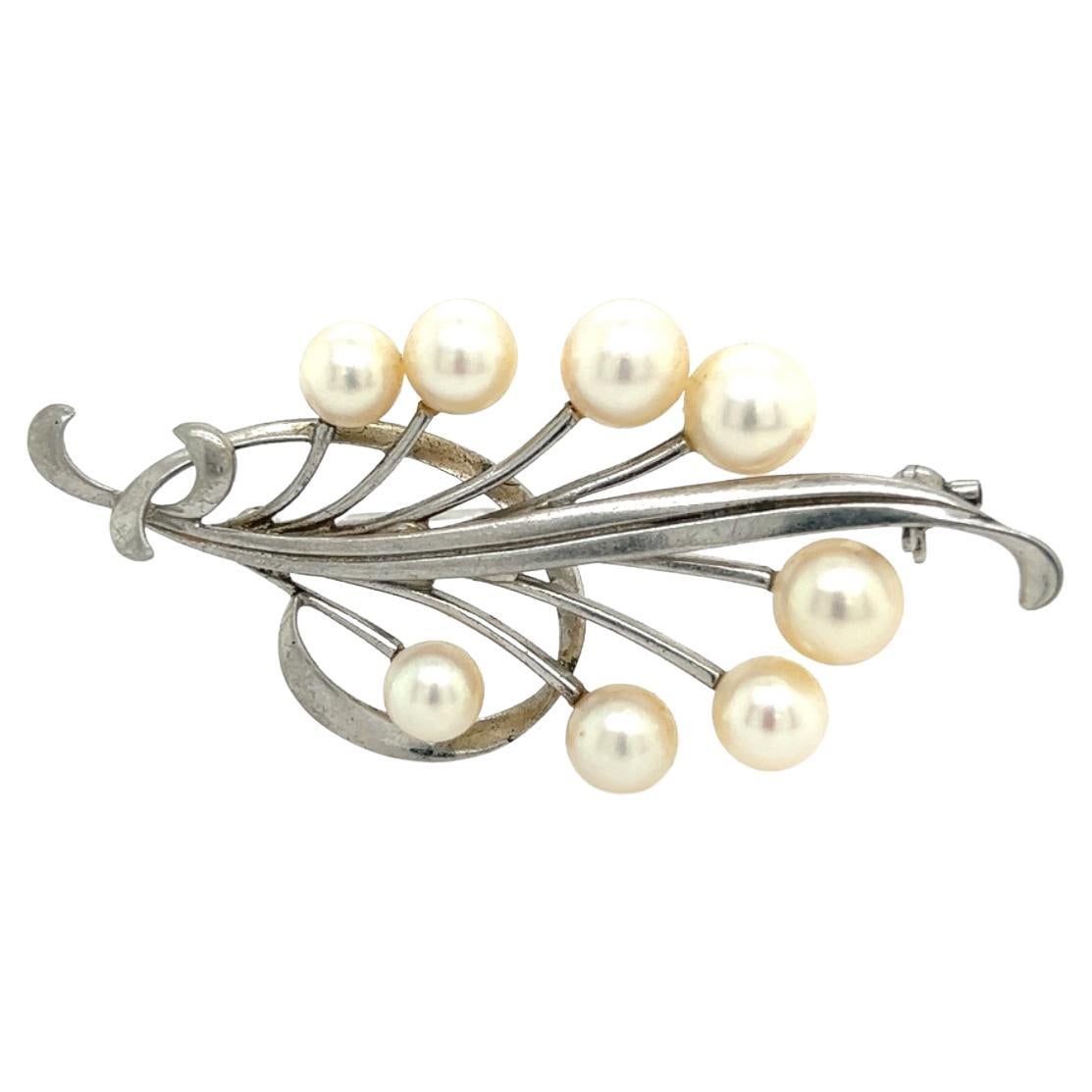 Mikimoto Estate Akoya Pearl Brooch Pin Sterling Silver For Sale at 1stDibs