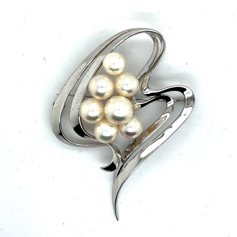Mikimoto Estate Akoya Pearl Brooch Pin Sterling Silver For Sale at 1stDibs