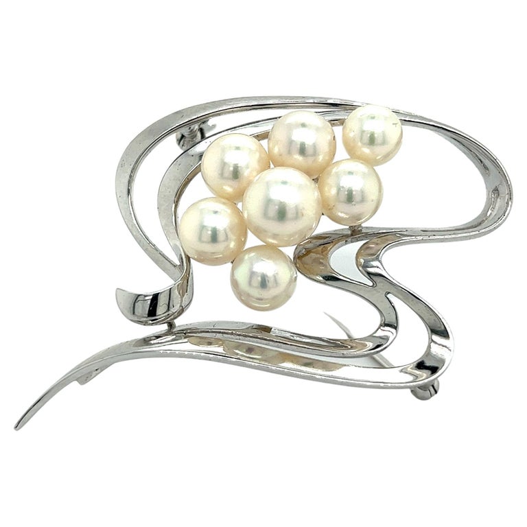 Mikimoto Estate Akoya Pearl Brooch Pin Sterling Silver For Sale at 1stDibs