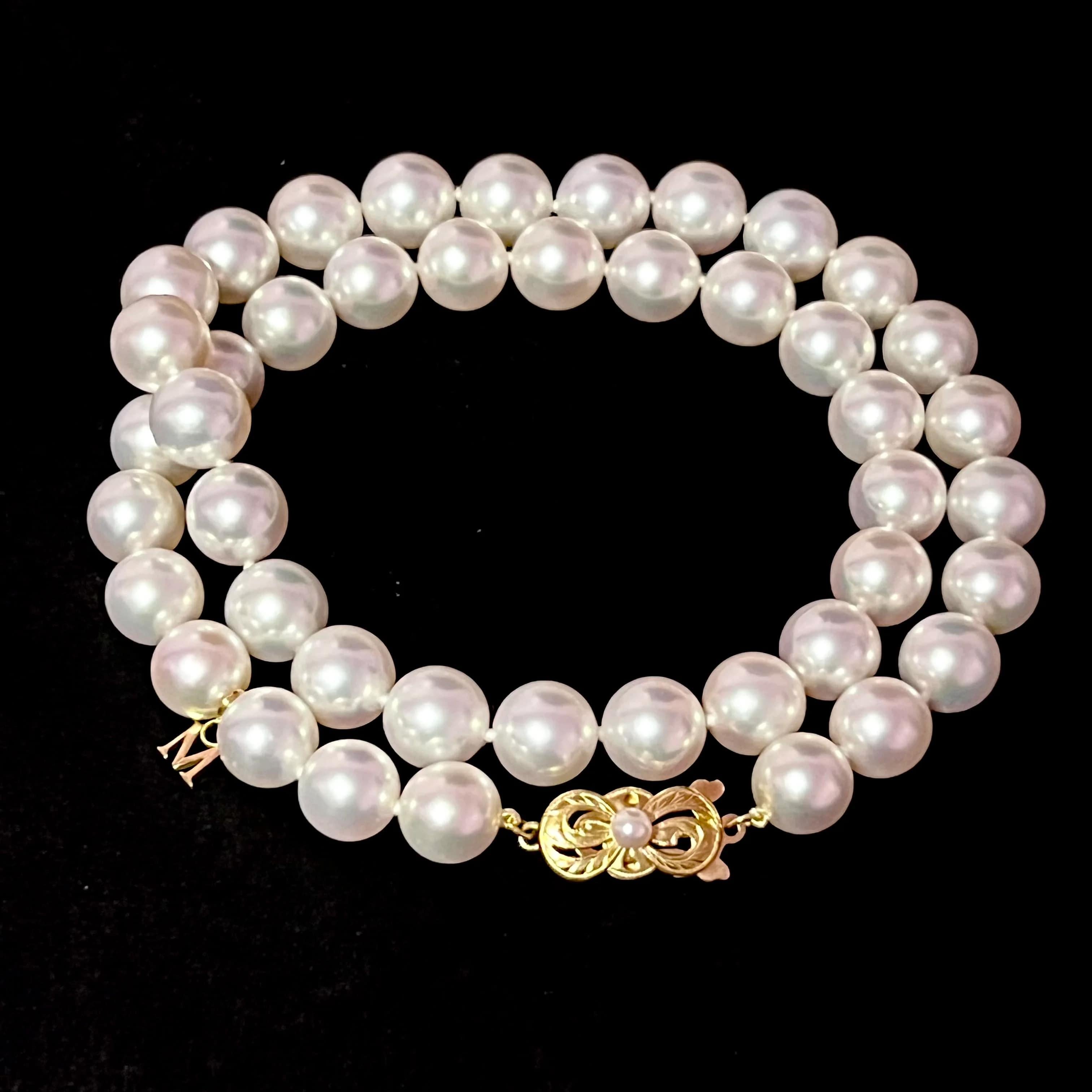 Mikimoto Estate Akoya Pearl Necklace 17.5" 18k Y Gold 9.5 mm Certified For Sale at 1stDibs