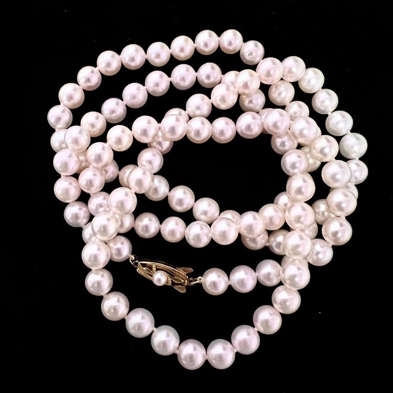 Mikimoto Estate Akoya Pearl Necklace 34" 18k Y Gold Certified For Sale at 1stDibs