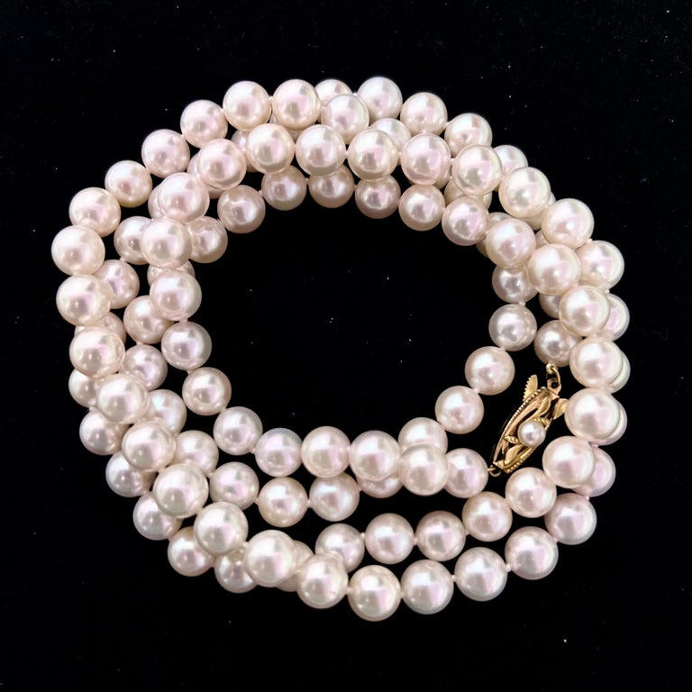 Mikimoto Estate Akoya Pearl Necklace 18k Y Gold Certified For Sale at 1stDibs