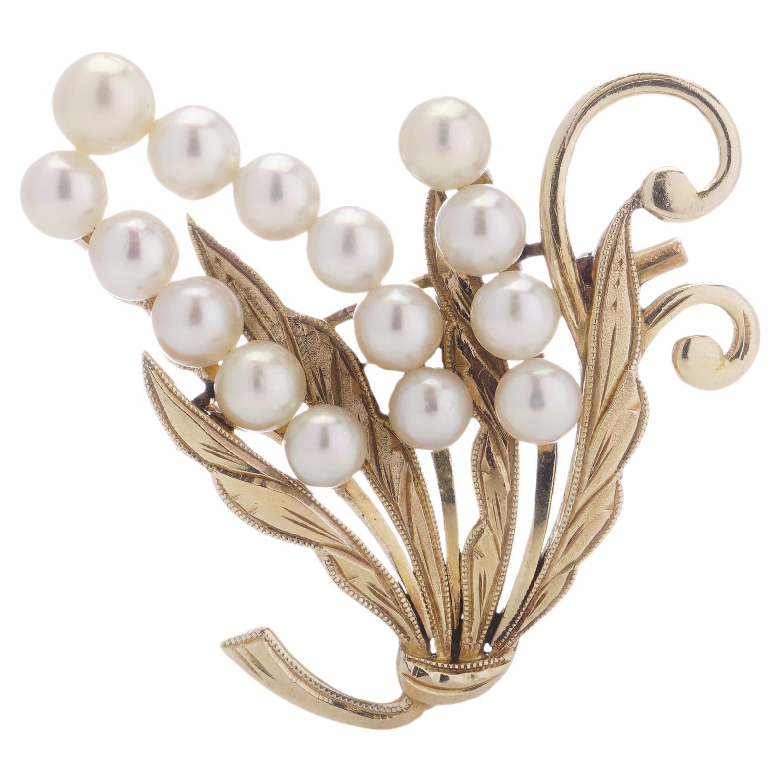 Mikimoto Japanese Modern 14k. yellow gold and pearl floral spray brooch ...
