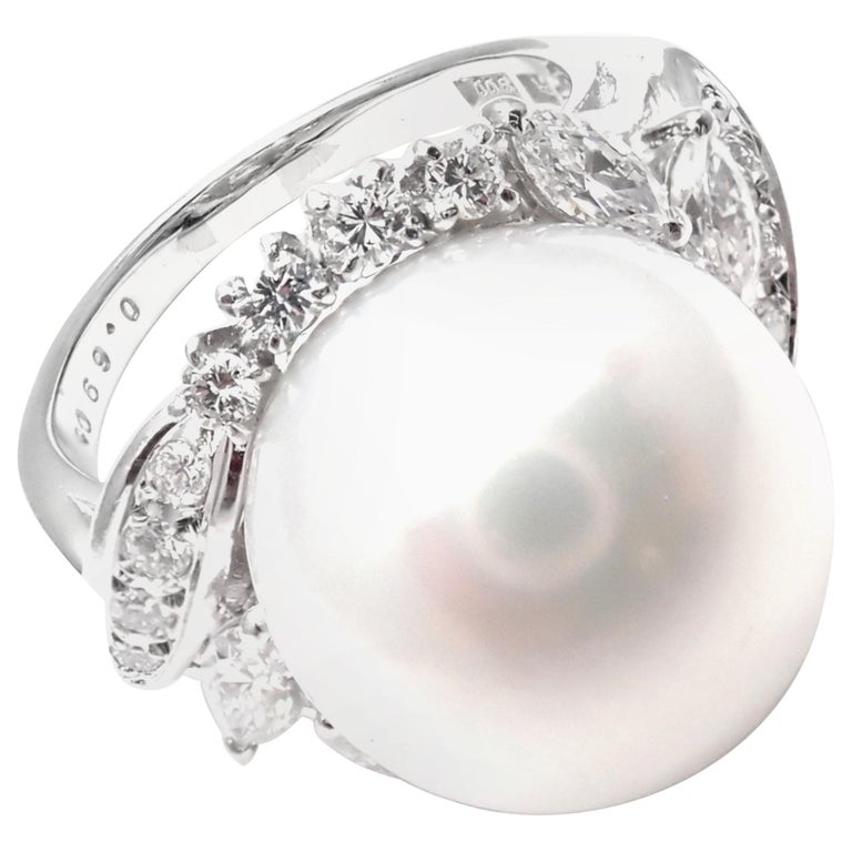Mikimoto Large South Sea Pearl Diamond Platinum Ring at 1stDibs