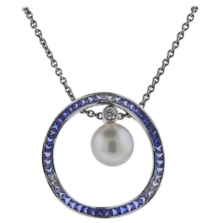 Mikimoto Ocean Gold Diamond Sapphire Pearl Pendant Necklace at 1stDibs
