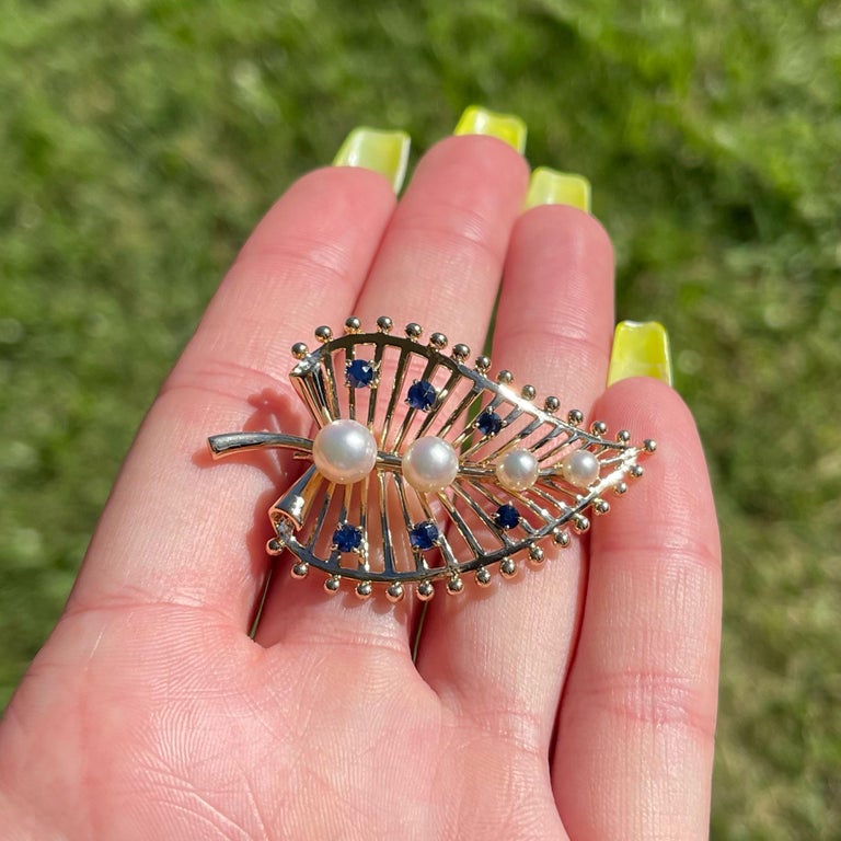 Mikimoto Pearl and Blue Sapphire Leaf Brooch in 14k Yellow Gold For ...