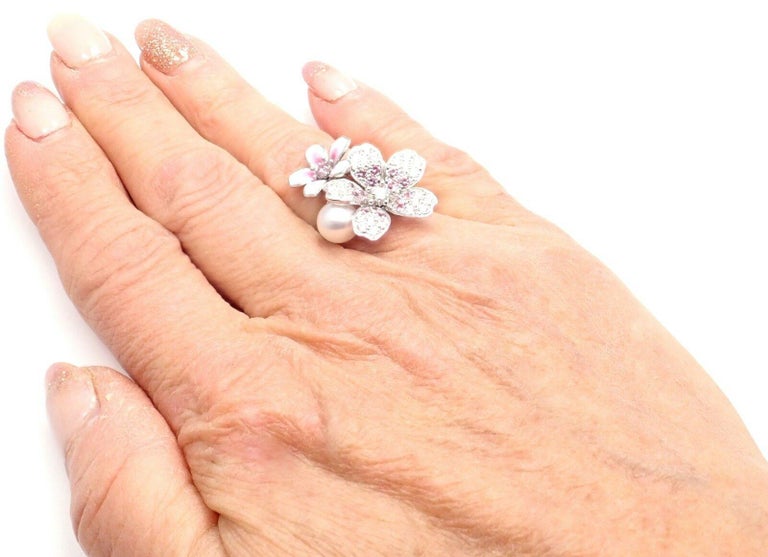Mikimoto Sakura Diamond Pink Sapphire Pearl White Gold Flower Ring at ...