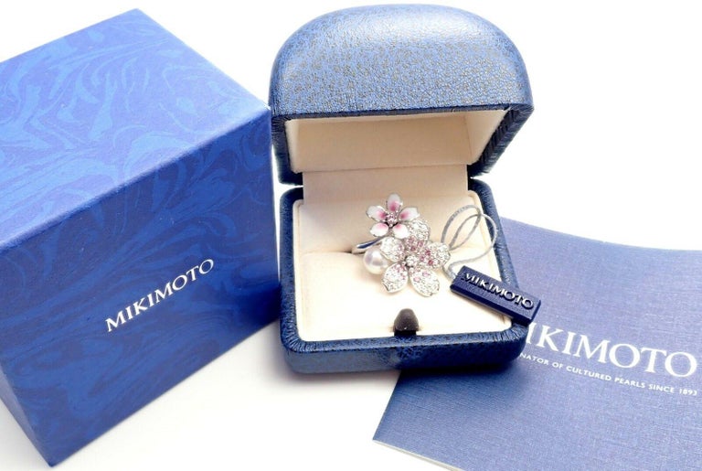 Mikimoto Sakura Diamond Pink Sapphire Pearl White Gold Flower Ring at ...