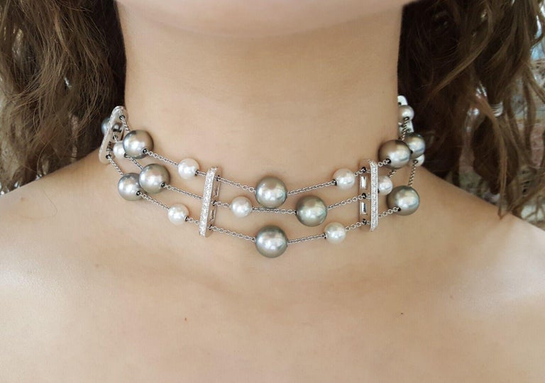 Mikimoto Silver and Cream Pearl 3-Strand Diamond Necklace For Sale at 1stDibs
