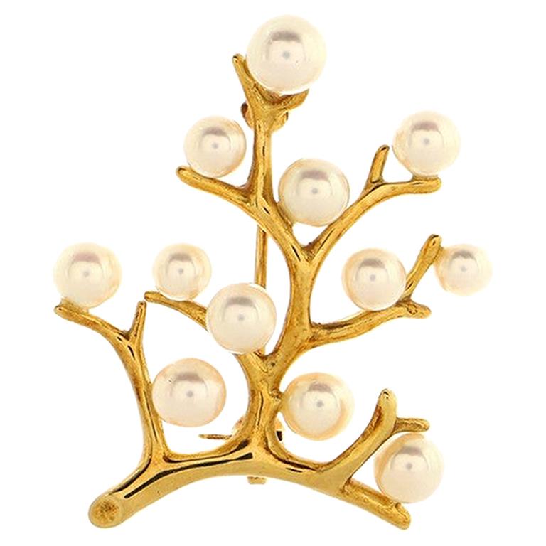 Mikimoto Tree Brooch 18K Yellow Gold and Cultured Pearls Small at 1stDibs