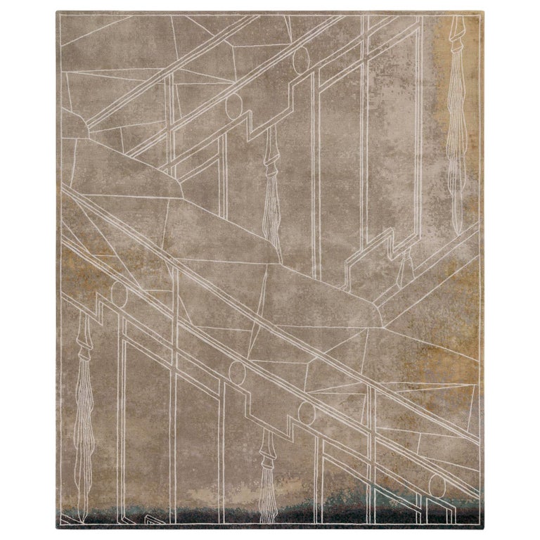 Geometric Italian Hand Knotted Rectangular Wool Silk Rug - Milano Khaki ...