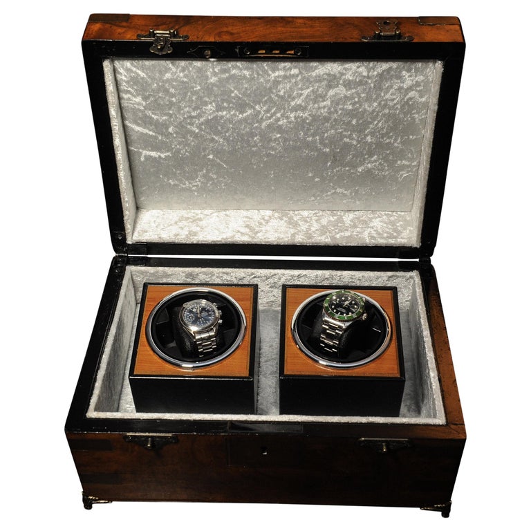 Military Campaign Walnut Brass Bound Double Watch Winder Box for Rolex ...