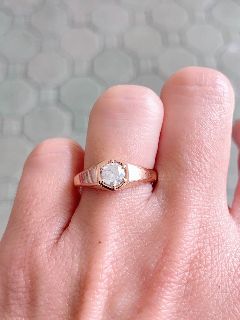 Milky White Diamond in Modern Hexagon Setting Signet Ring 14k Rose Gold R6476 For Sale at 1stDibs