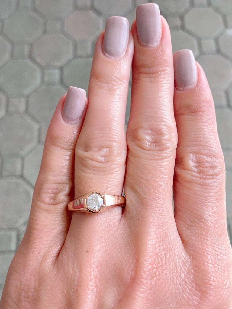 Milky White Diamond in Modern Hexagon Setting Signet Ring 14k Rose Gold R6476 For Sale at 1stDibs