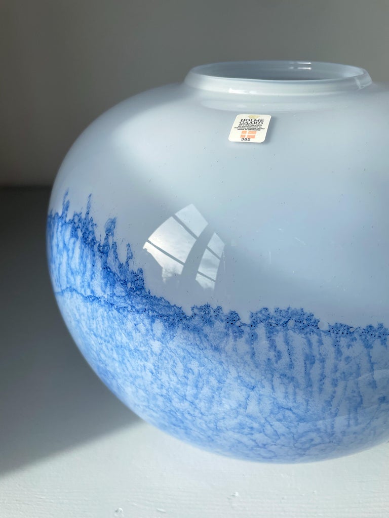 Milky White, Sea Blue Art Glass Vase, Denmark, 1980s For Sale at 1stDibs