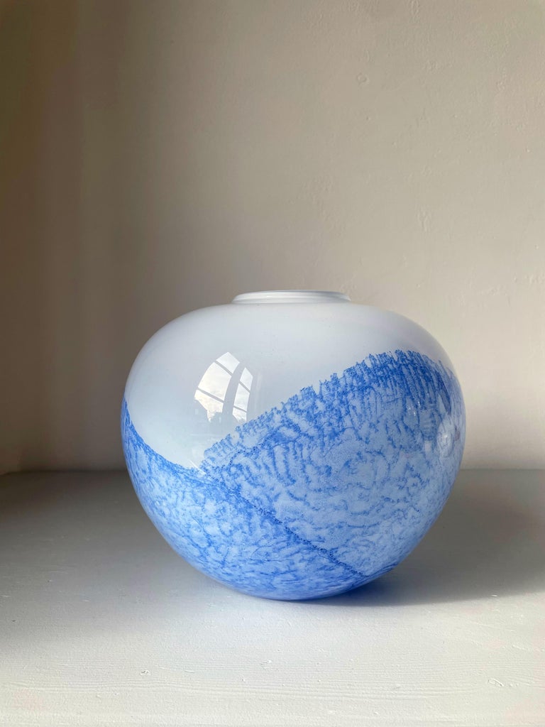 Milky White, Sea Blue Art Glass Vase, Denmark, 1980s For Sale at 1stDibs