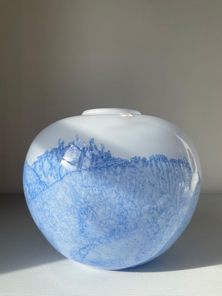 Milky White, Sea Blue Art Glass Vase, Denmark, 1980s For Sale at 1stDibs