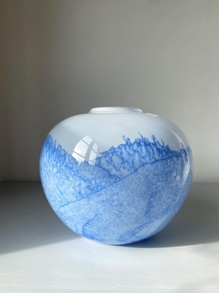 Milky White, Sea Blue Art Glass Vase, Denmark, 1980s For Sale at 1stDibs