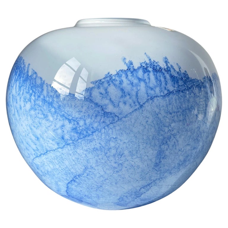 Milky White, Sea Blue Art Glass Vase, Denmark, 1980s For Sale at 1stDibs