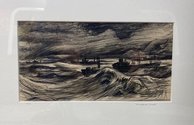 Millard Sheets Signed Original Drawing Wartime Boats In Stormy Seas ...