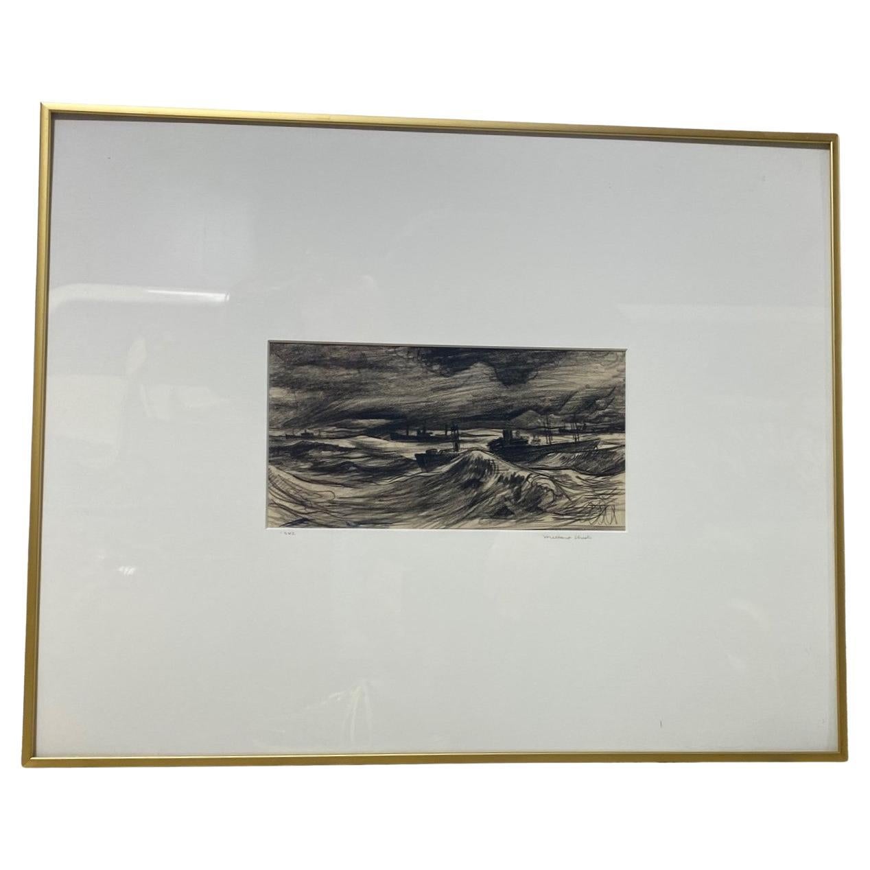 Millard Sheets Signed Original Drawing Wartime Boats In Stormy Seas ...