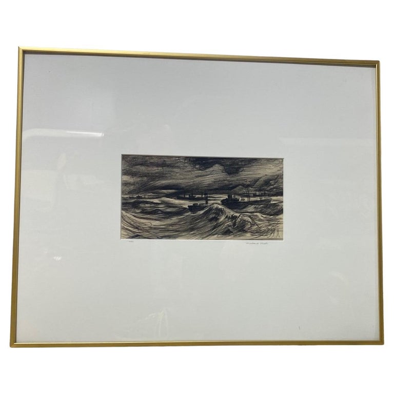 Millard Sheets Signed Original Drawing Wartime Boats In Stormy Seas ...