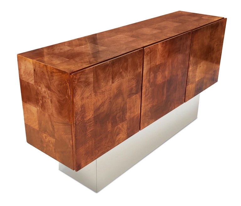 Milo Baughman for Thayer Coggin Walnut Burl Patchwork 3 Door Credenza ...