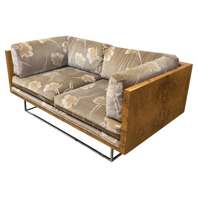 Milo Baughman Mid Century Modern Burlwood Loveseat with Chrome Base For ...