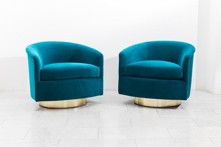 Milo Baughman, Pair of Dark Teal Swivel Chairs with Gold Base, USA at ...