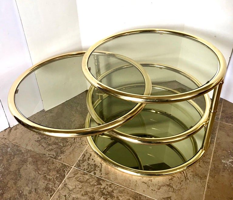 Milo Baughman Round Disc Four Tiered Brass and Glass Floating Cocktail ...