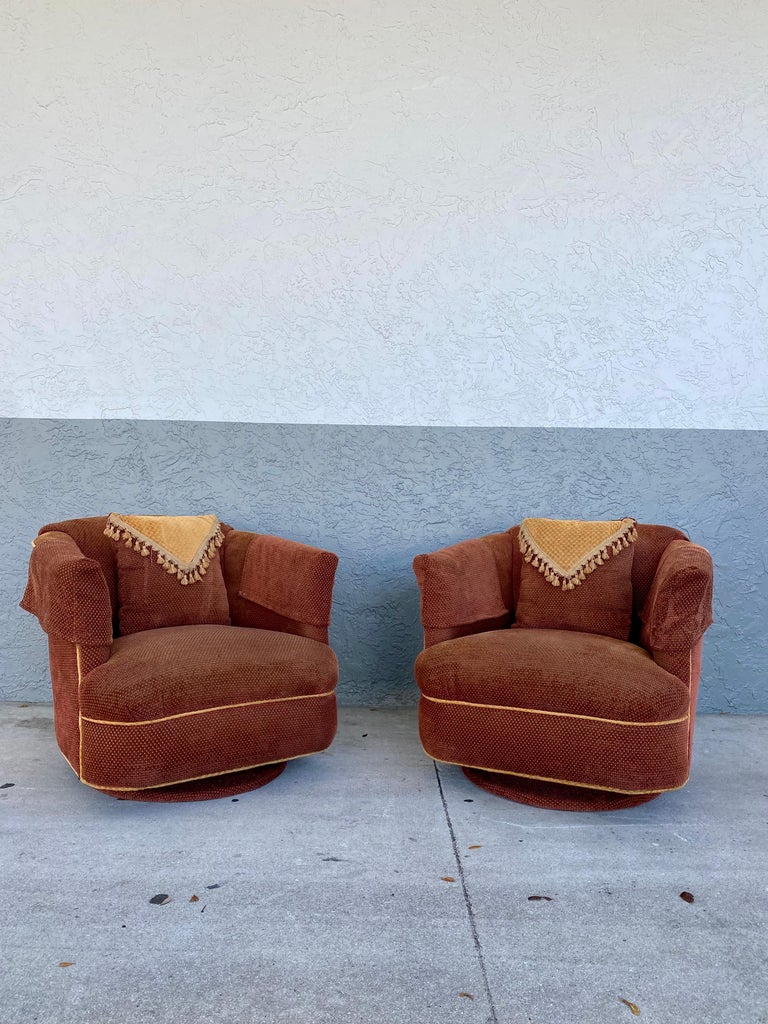 Milo Baughman Sculptural Barrel Velvet Rocking Tilt Swivel Chairs, Set ...