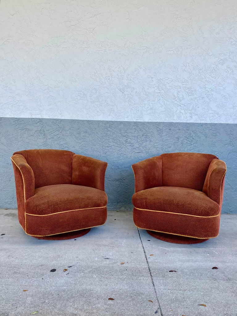 Milo Baughman Sculptural Barrel Velvet Rocking Tilt Swivel Chairs, Set ...