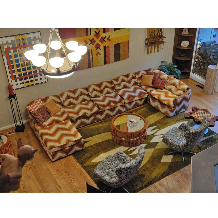Milo Baughman Style 7-Piece Pit Group Orange Velour Chevron 1970s ...