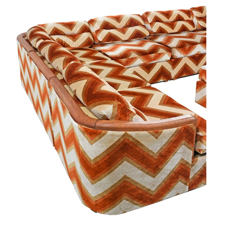 Milo Baughman Style 7-Piece Pit Group Orange Velour Chevron 1970s ...