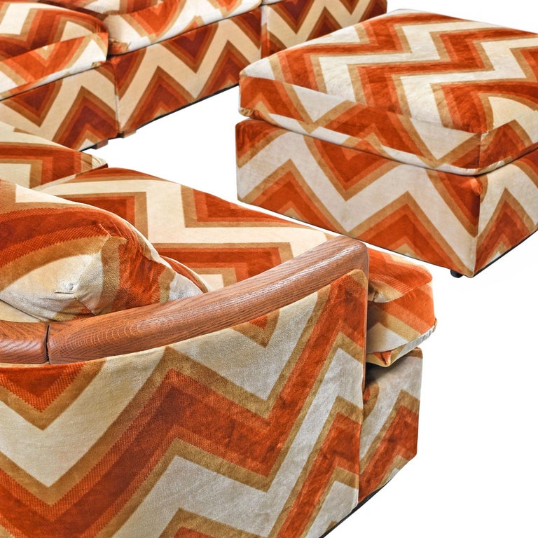 Milo Baughman Style 7-Piece Pit Group Orange Velour Chevron 1970s ...
